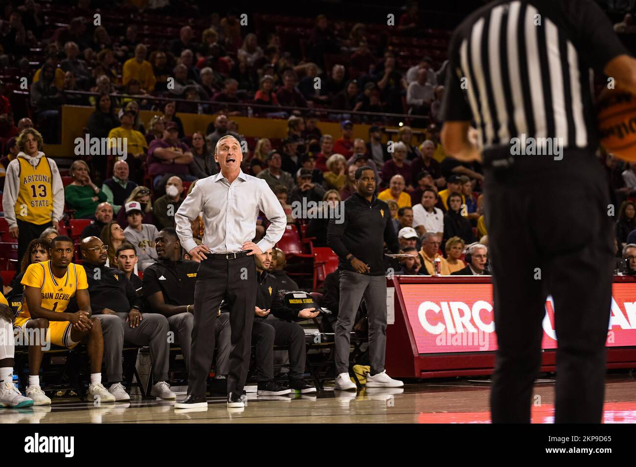 Arizona State head coach Bobby Hurley argues with referee in the first ...