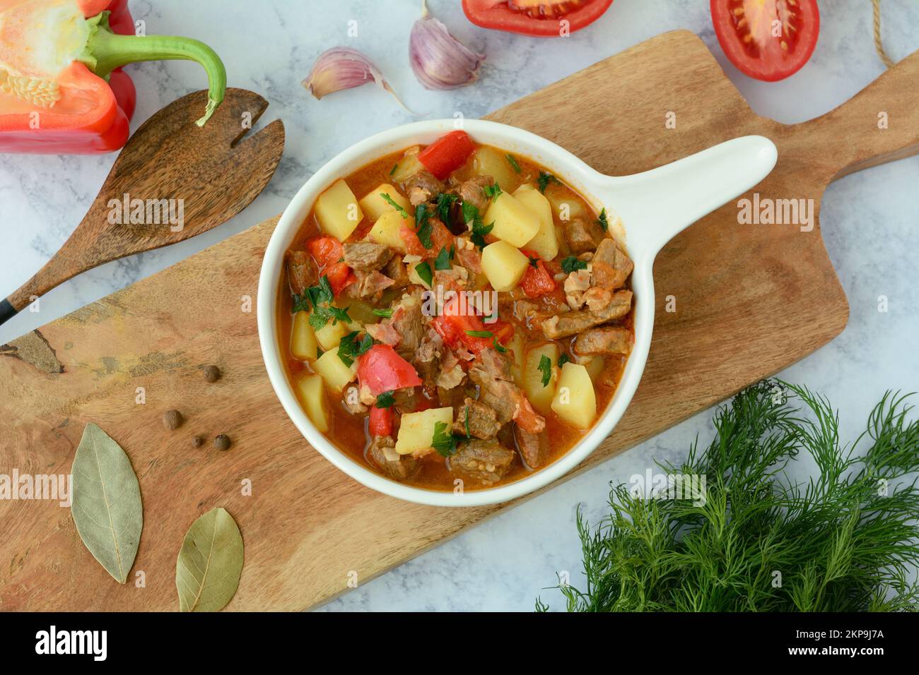 Bograch - Hungarian soup goulash with beef meat, potatoes, peppers and ...