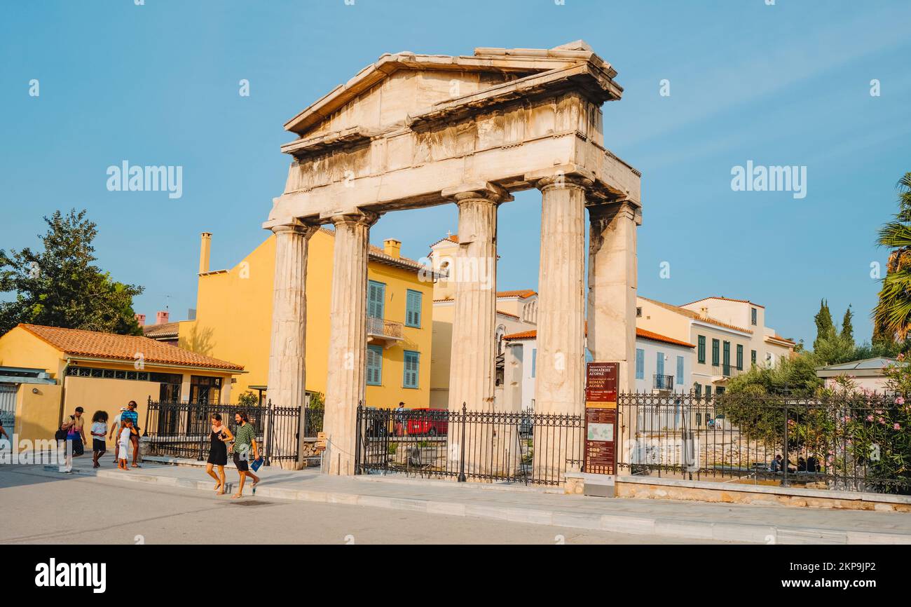 Athens, Greece - August 29, 2022: People walking near the remains of ...