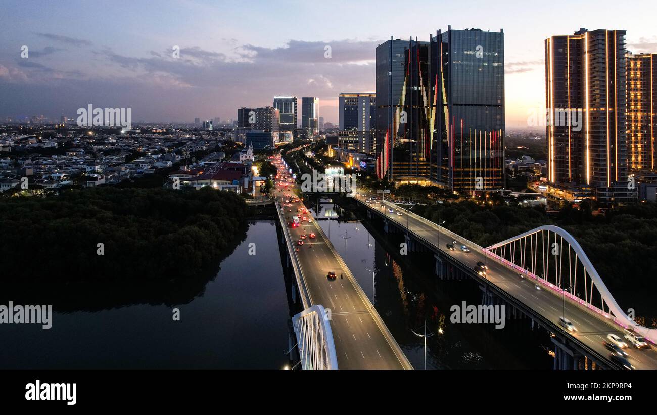 Aerial view of Pantai Indah Kapuk Avenue Bridge Jakarta. a Largest ...