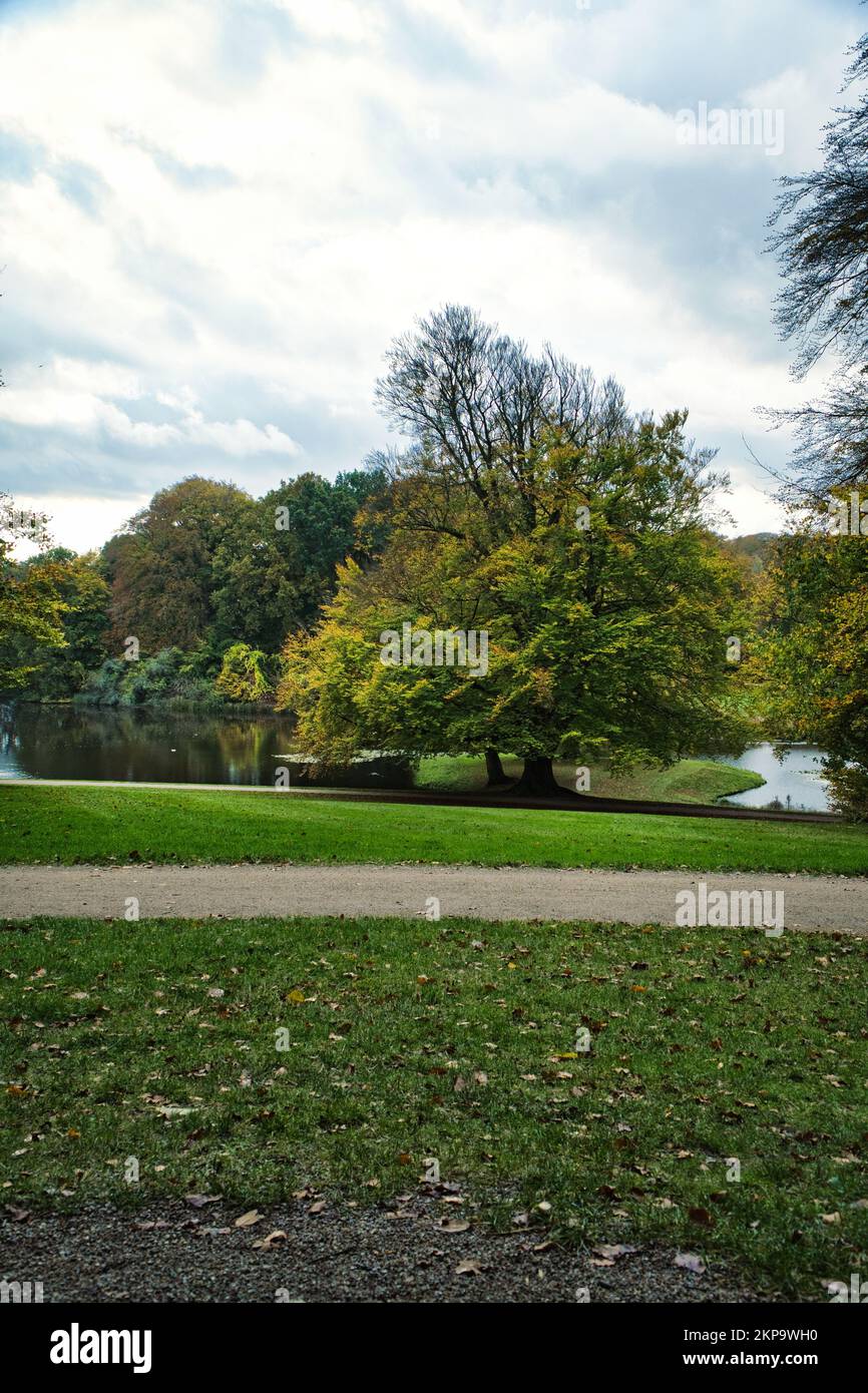 Frederiksborg Castle Park in autumn with mighty deciduous trees on the ...