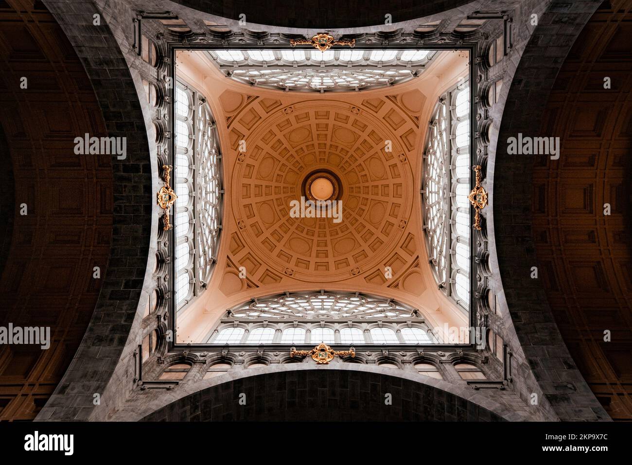 A low angle view of ceiling tower of the Antwerpen-Centraal Stock Photo ...