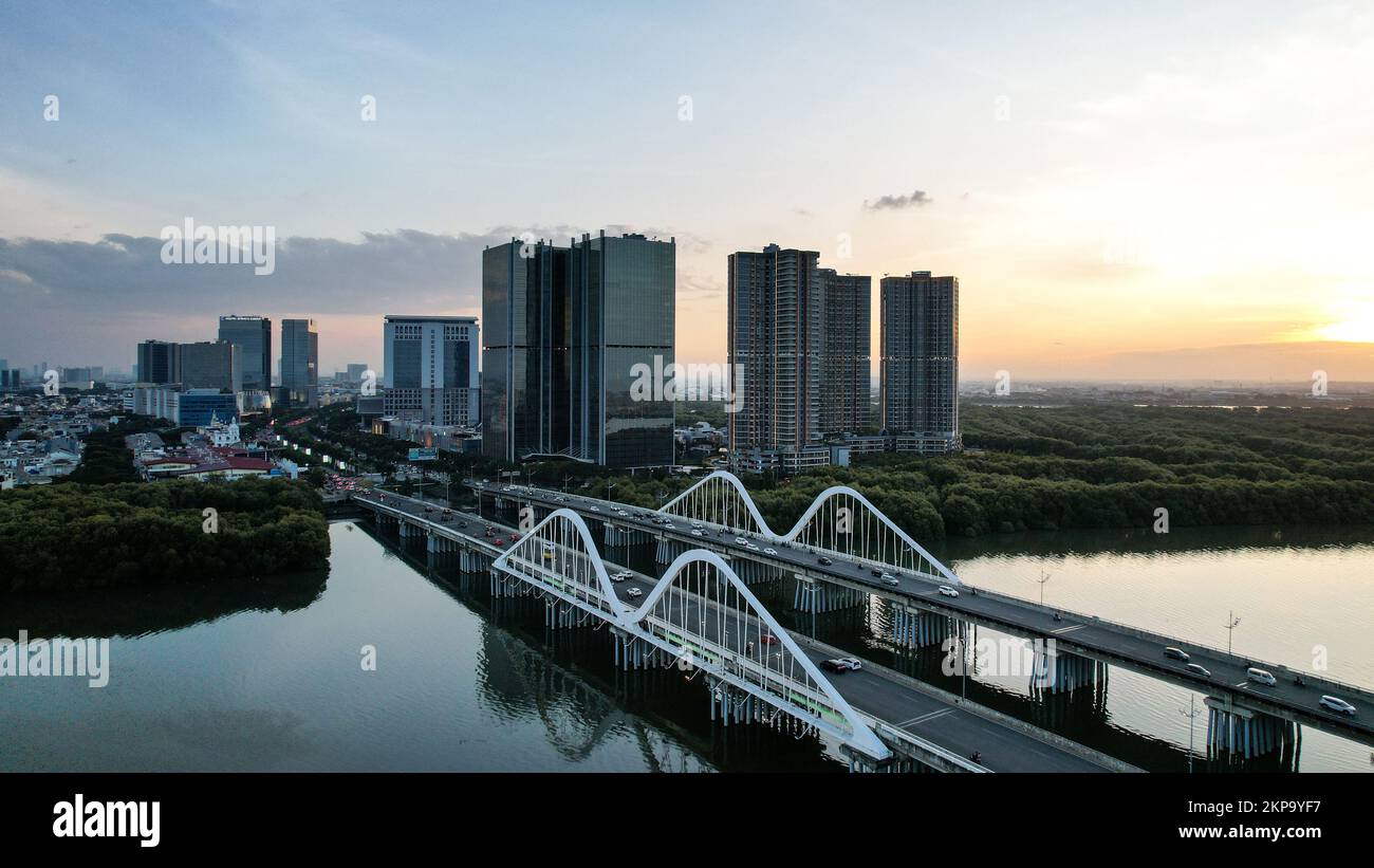 Aerial view of Pantai Indah Kapuk Avenue Bridge Jakarta. a Largest ...