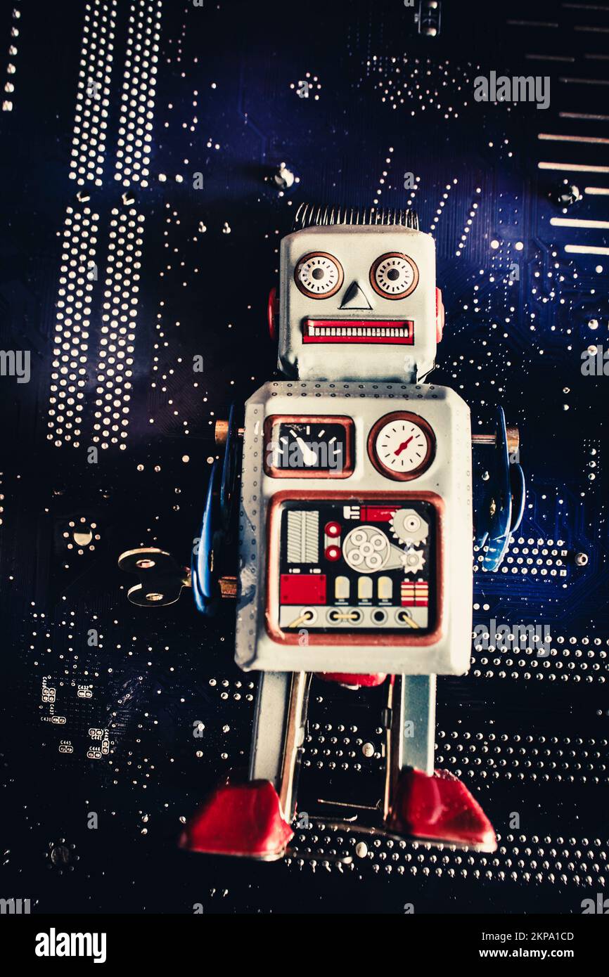 Old-fashioned technology photography on a mechanised robot character on ...