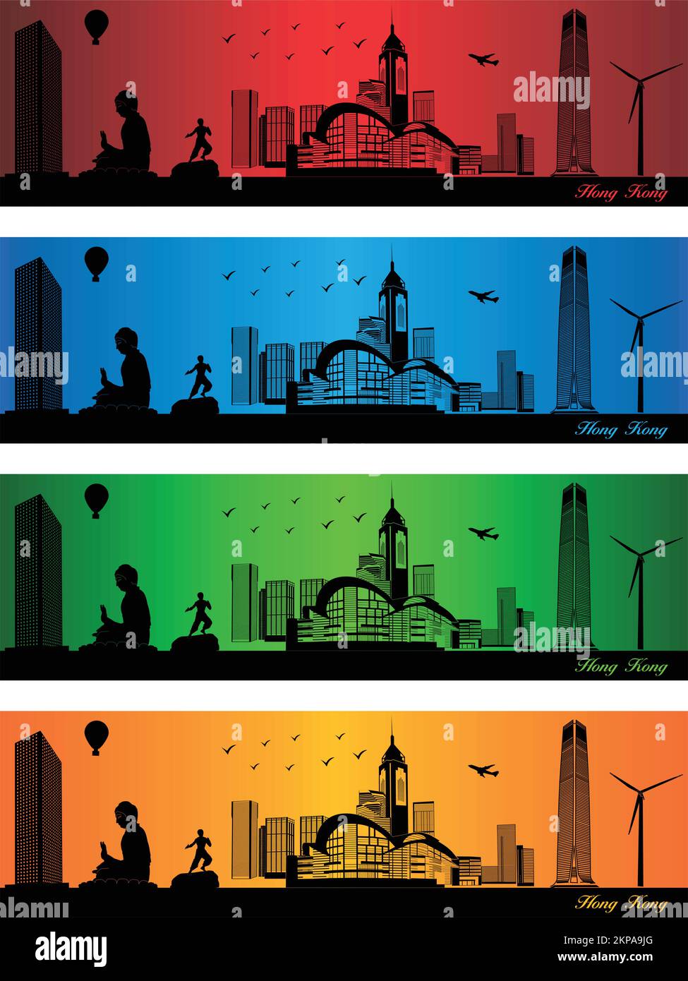 Hong Kong city in a four different colors - illustration, Town in ...