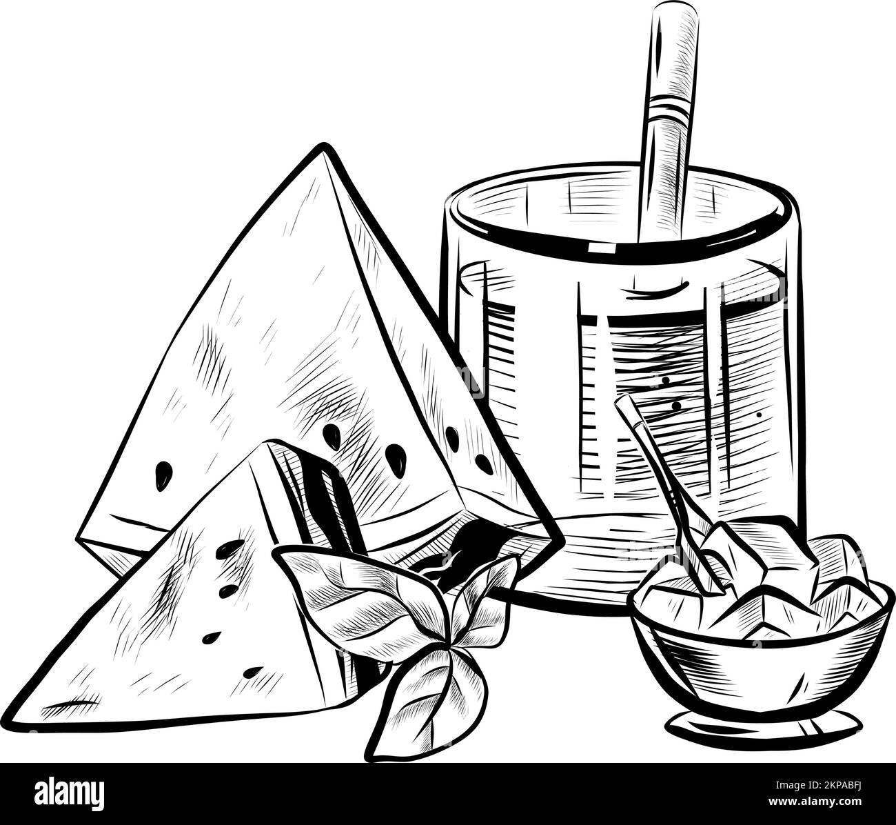 Sketch Illustration of Glass with Straw, Mint Leaf, Ice Bowl and ...