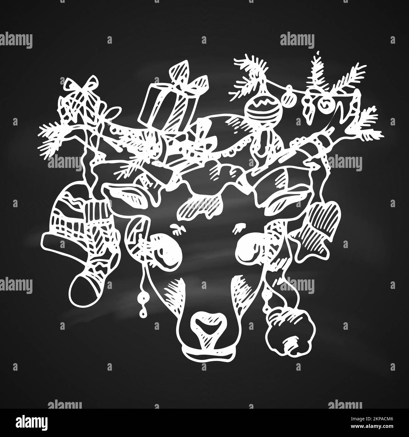 Chalk Drawing Artistic Doodle Icon. Reindeer Head with Christmas Gifts ...