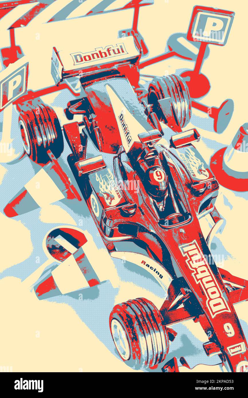 Formula1 artwork on a retro F1 racer mixed in a practice of pit stop ...