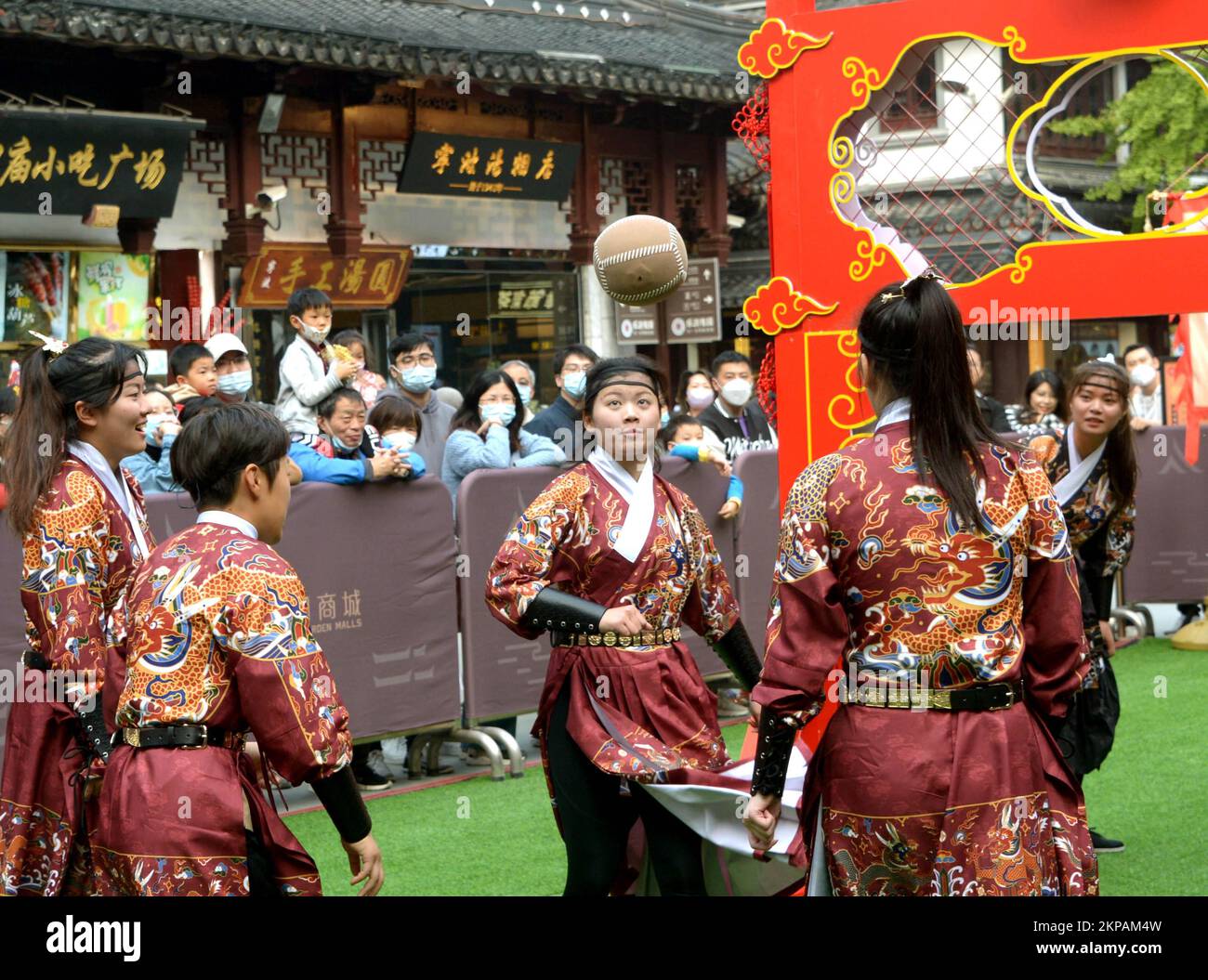 People are wearing Hanfu and play cuju (ancient Chinese soccer) in Yu ...