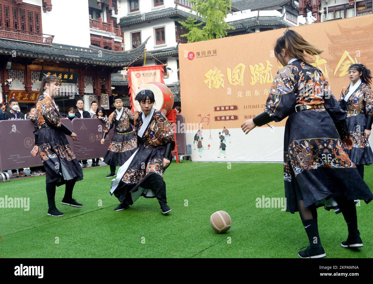 People are wearing Hanfu and play cuju (ancient Chinese soccer) in Yu ...