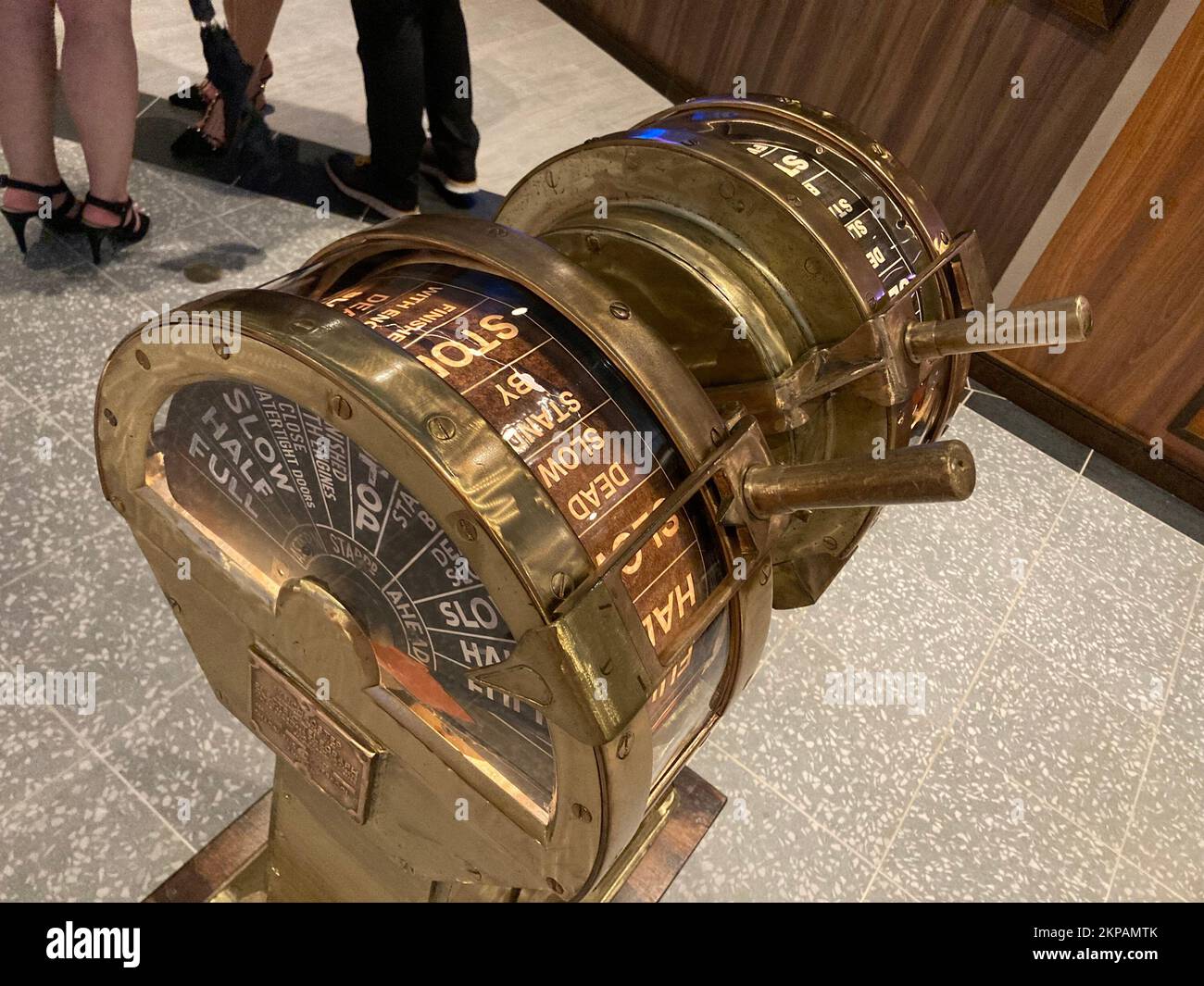 A brass engine order telegraph near the Golden Jubilee bar is seen ...