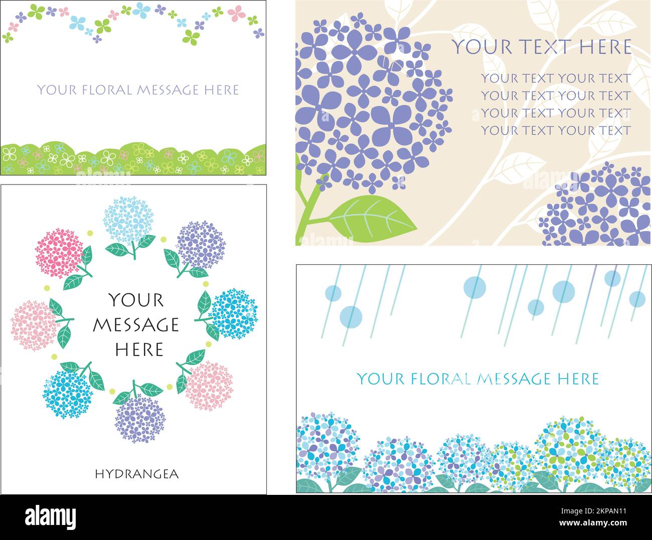 Vector greeting card template set with hydrangeas isolated on a white ...