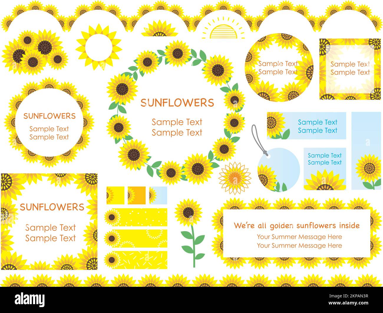 Set of sunflower frames, borders, tags, and backgrounds. Vector ...