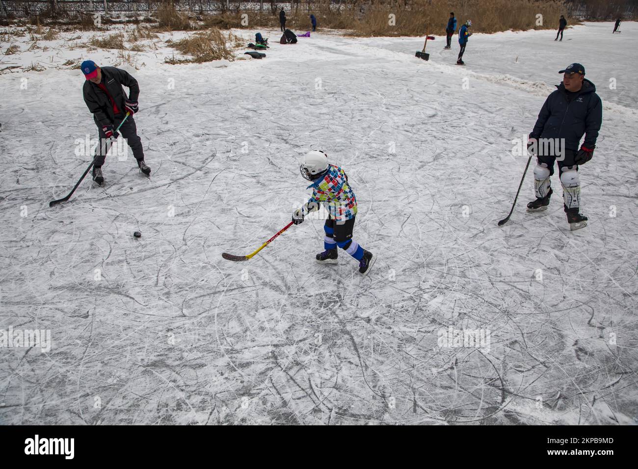 A boy is learning to play ice hockey on the Beishanxi Lake in Jilin ...