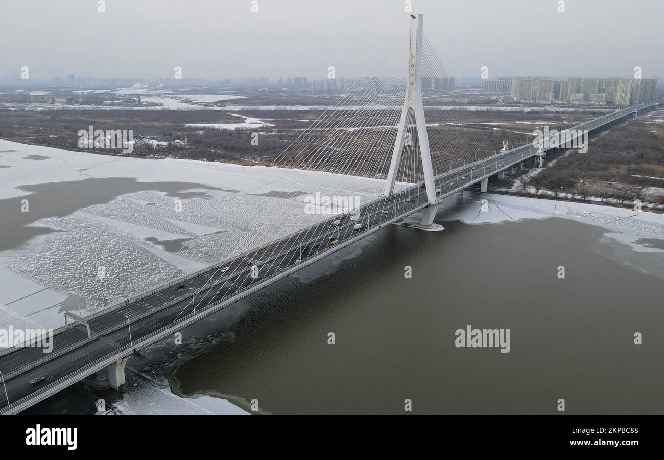 Aerial photo shows the Harbin Section of Songhua River is completely ...