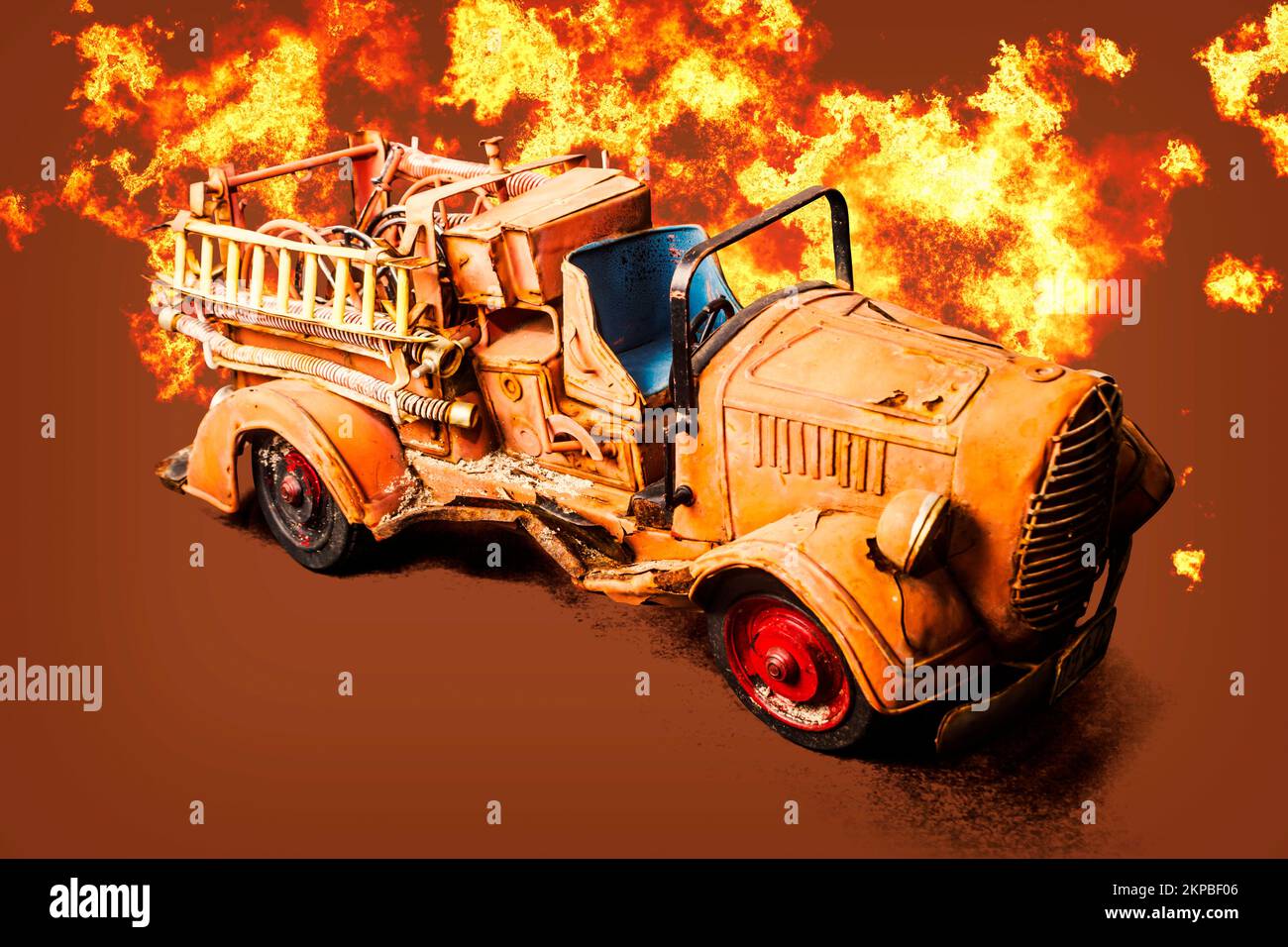 Vintage fire engine art with a lit scene of heroic firefighting Stock ...