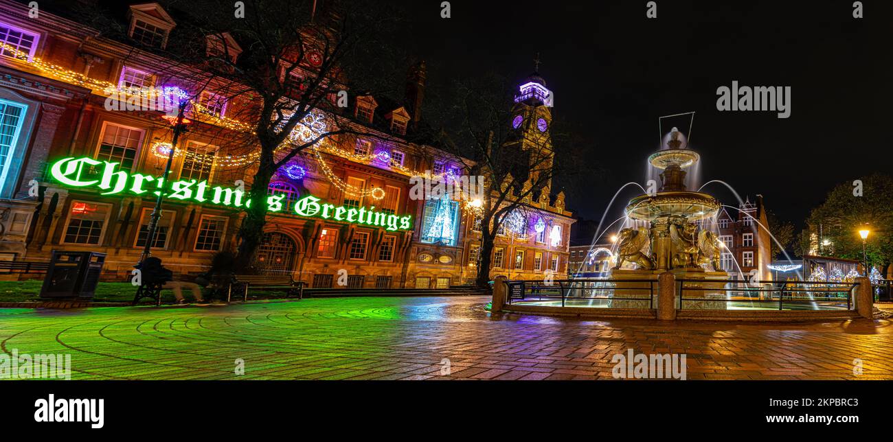View of Leicester town hall square in the night decorated for Christmas ...