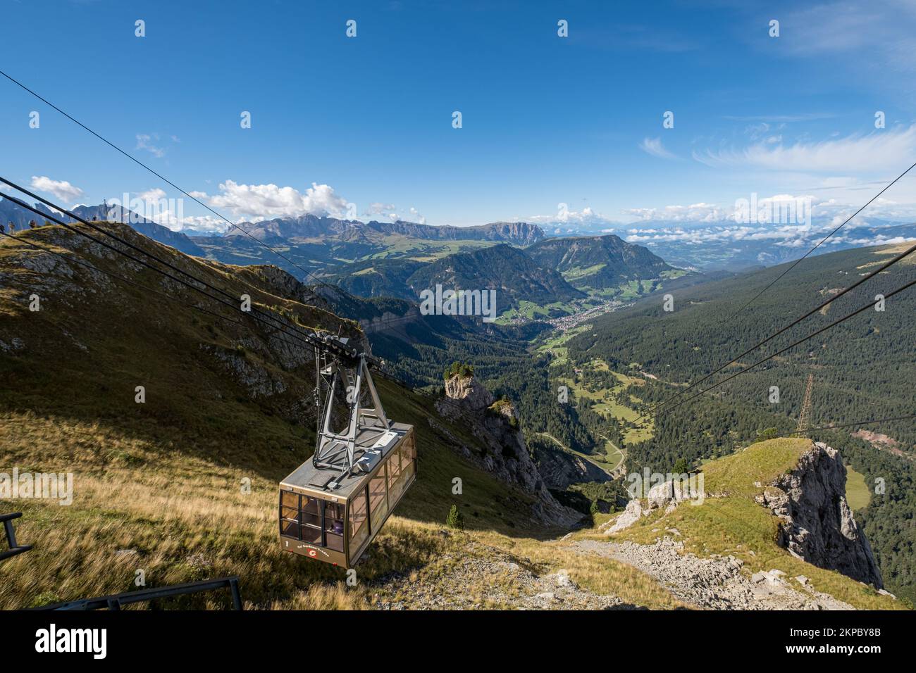 A cable car at the Seceda mountain in the Dolomites Alps, South Tyrol ...