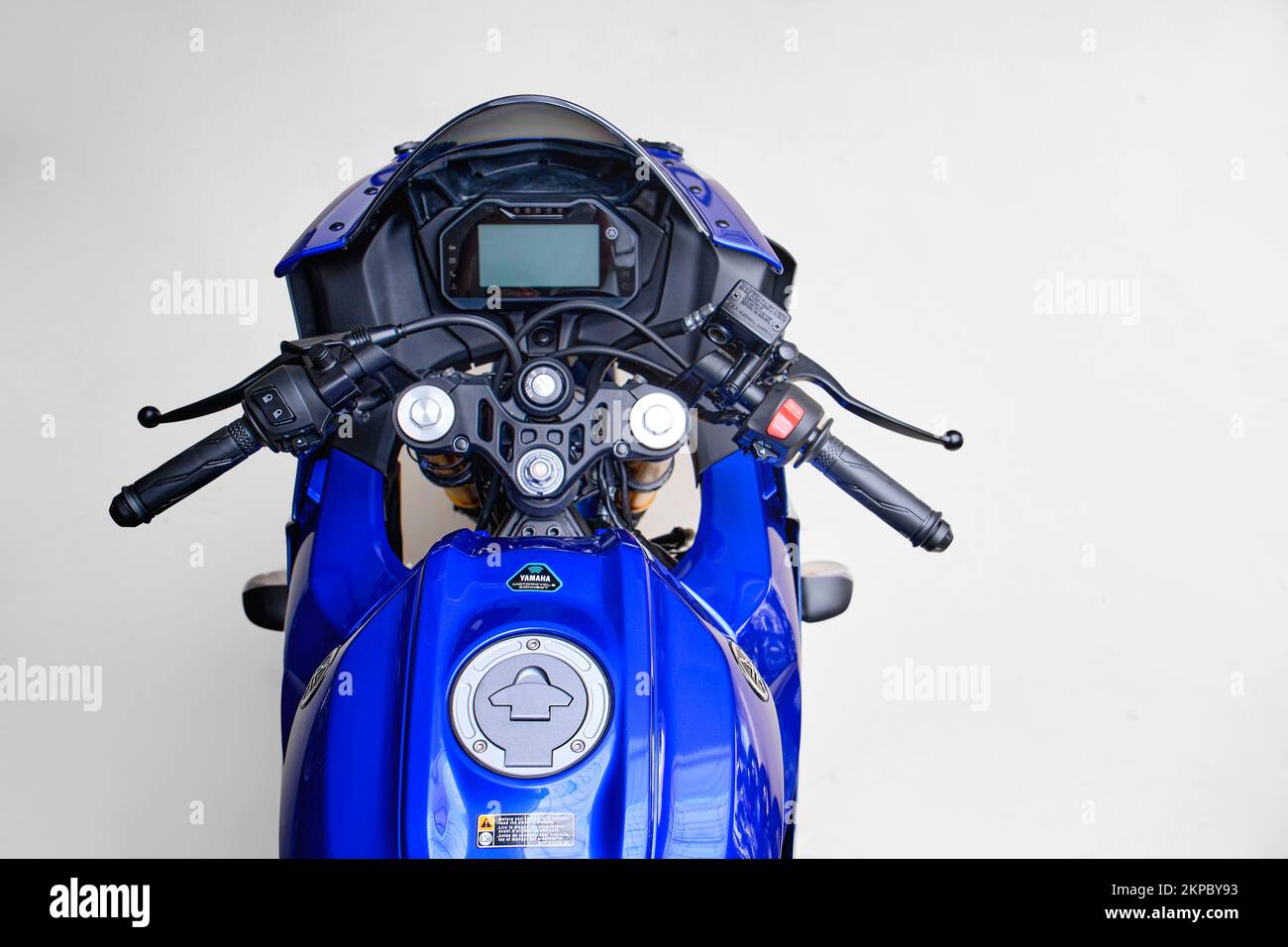 Motorcycles in the showroom Yamaha shop. Yamaha R15 v4 motorcycle ...