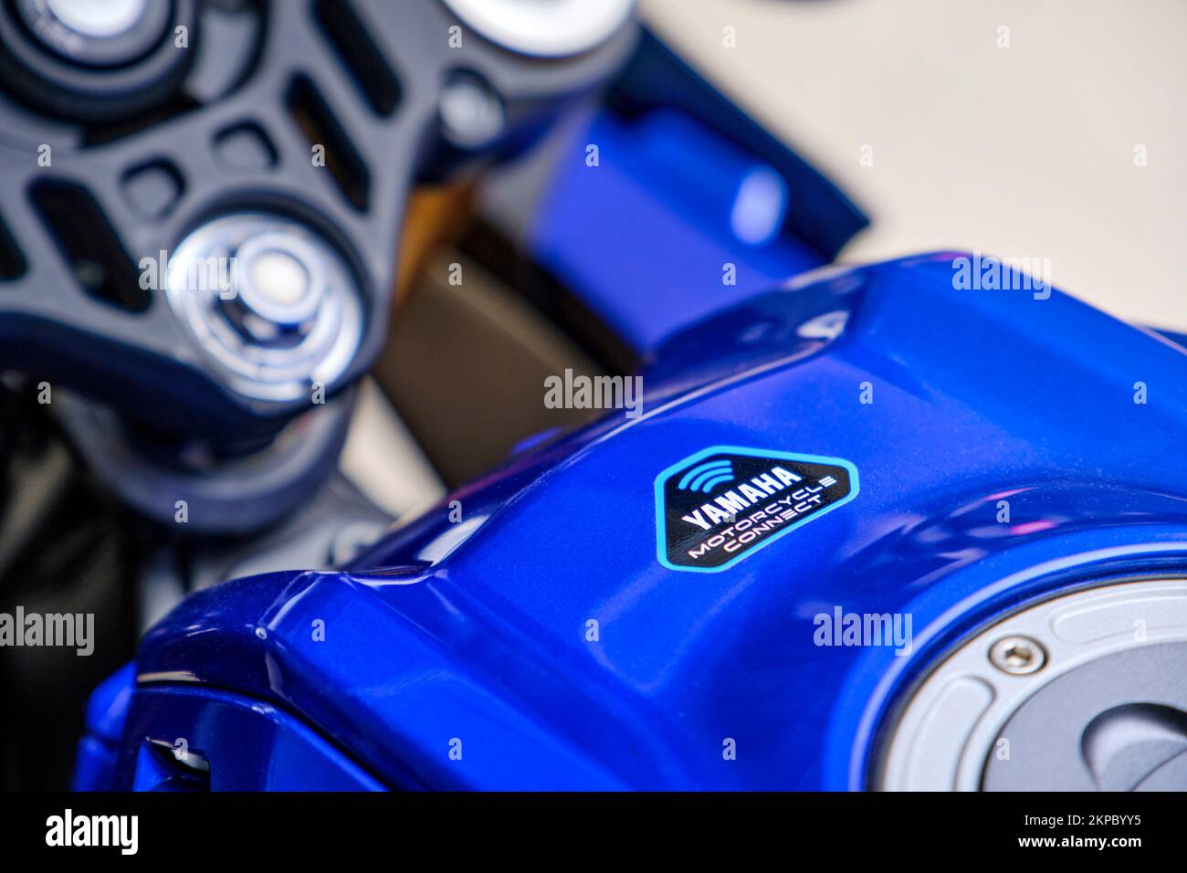 Motorcycles in the showroom Yamaha shop. Yamaha R15 v4 motorcycle ...