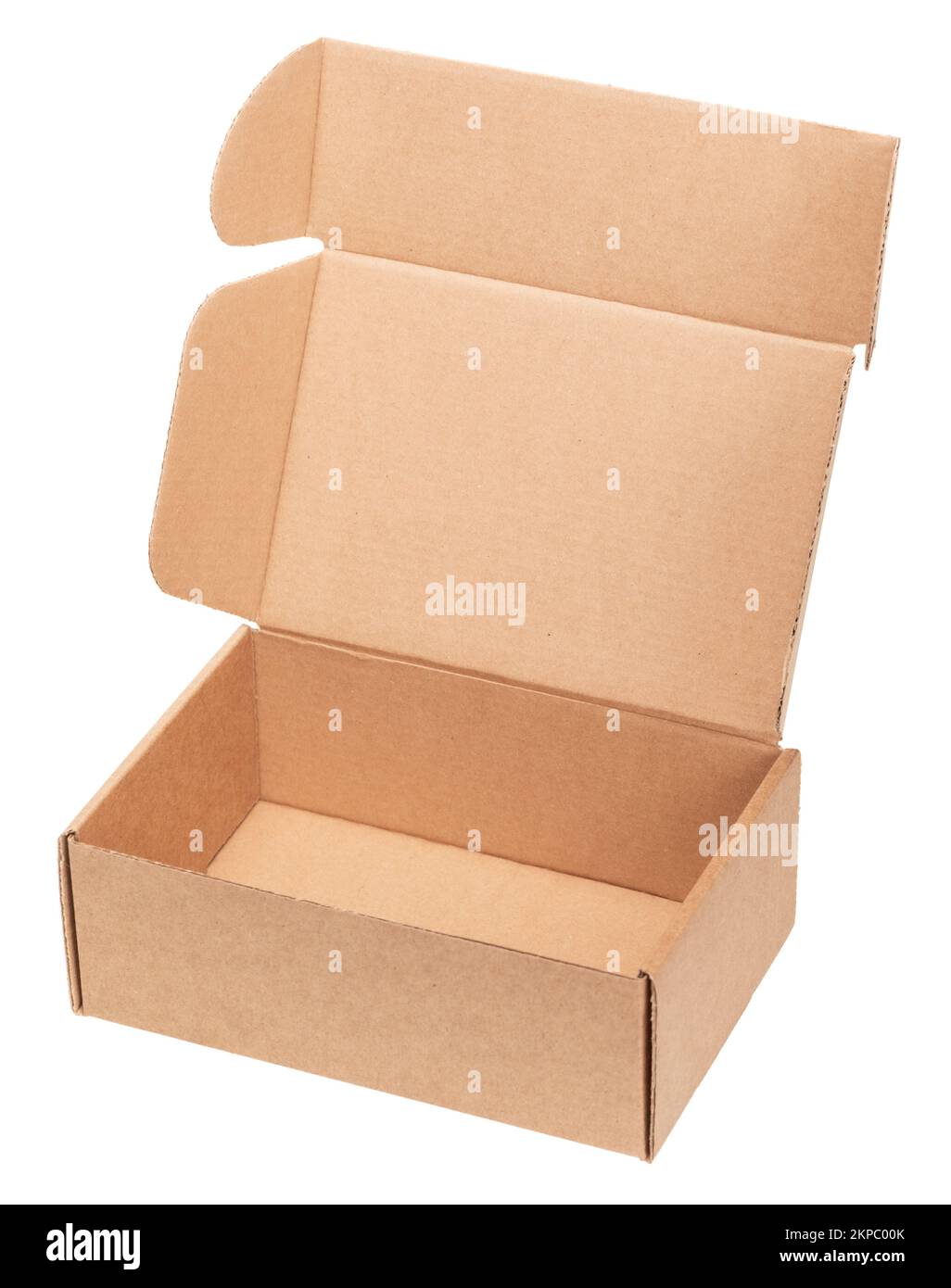 Open empty foldable corrugated postal box isolated on white background ...