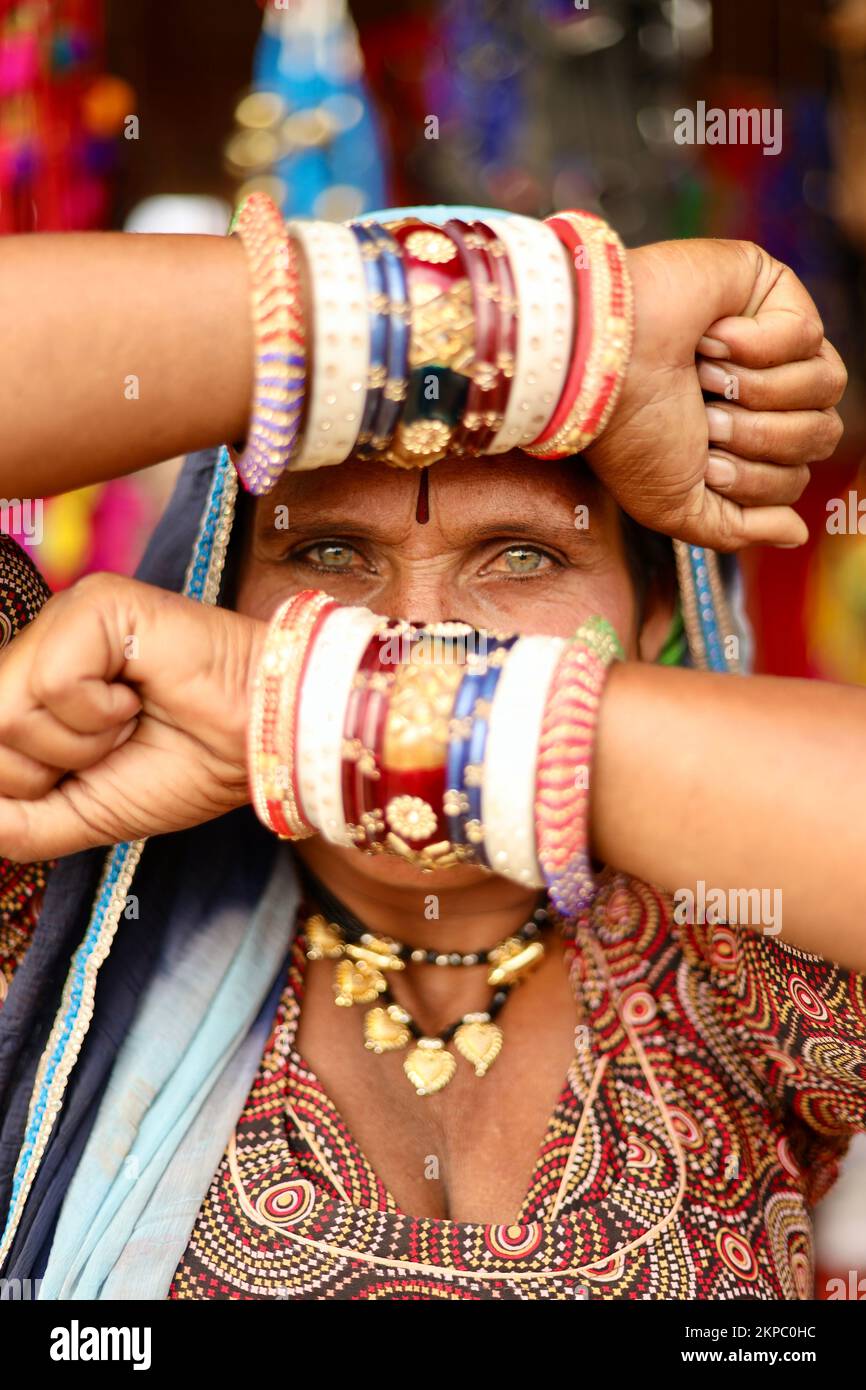 An Indian old kalbelia tribal woman. This snake charming tribe used to ...