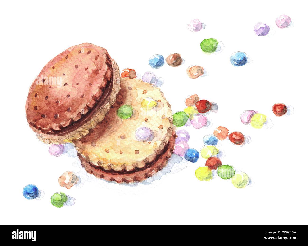 Realistic watercolor hand drawn candy illustration with double cookies ...