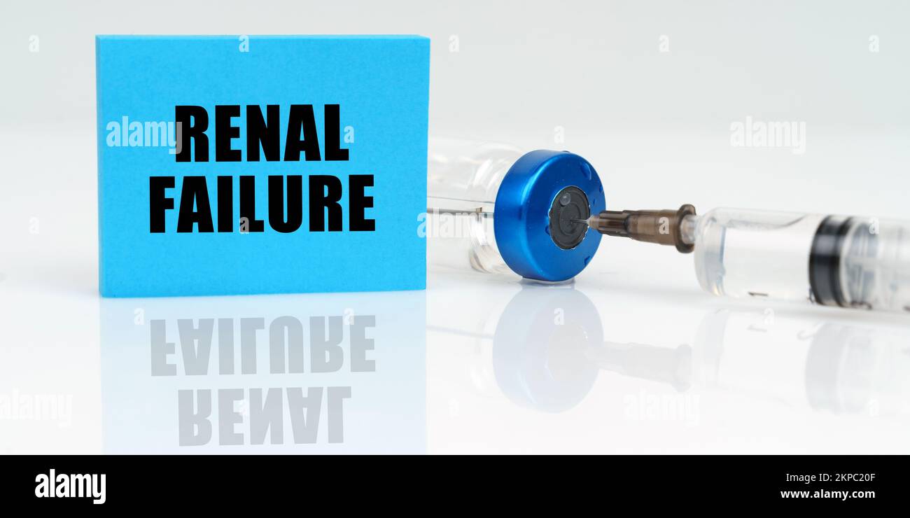 Medicine concept. On a white reflective surface are a syringe, an ...