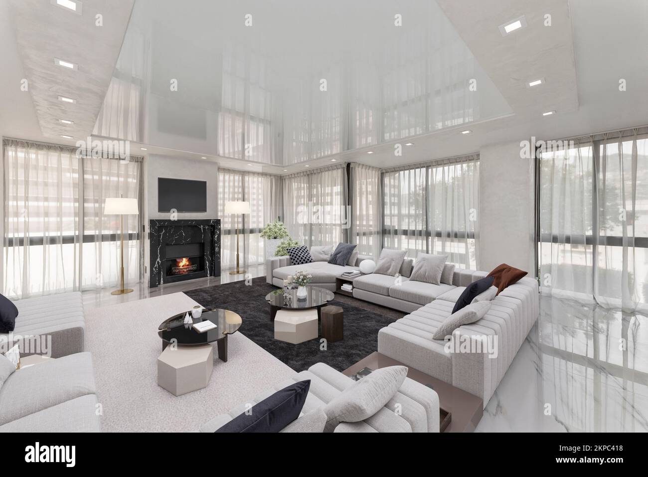 A luxury modern and rustic living room interior with gray sofa, wooden ...