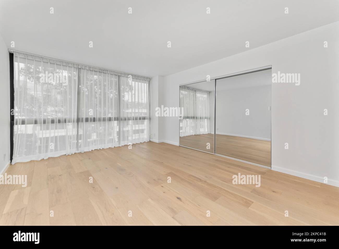 A 3D rendering of a modern bedroom with a wardrobe and large windows ...