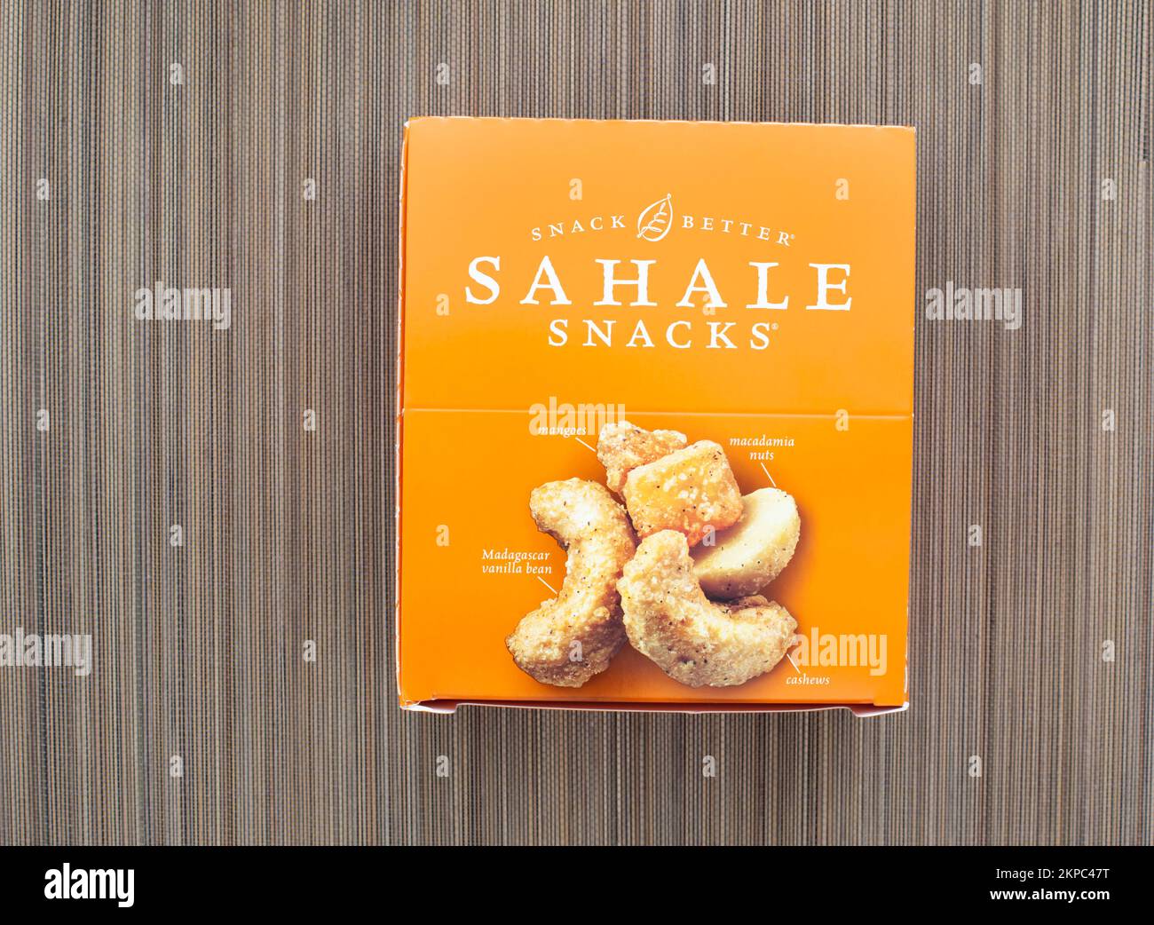Tambov, Russian Federation - October 06, 2018 A box with Sahale Snacks ...