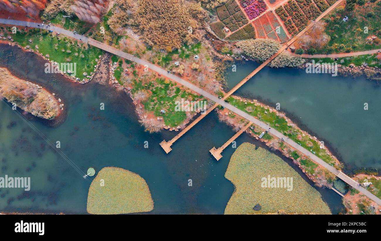 Aerial photos show the picturesque views of Wangguan Wetland Park along ...