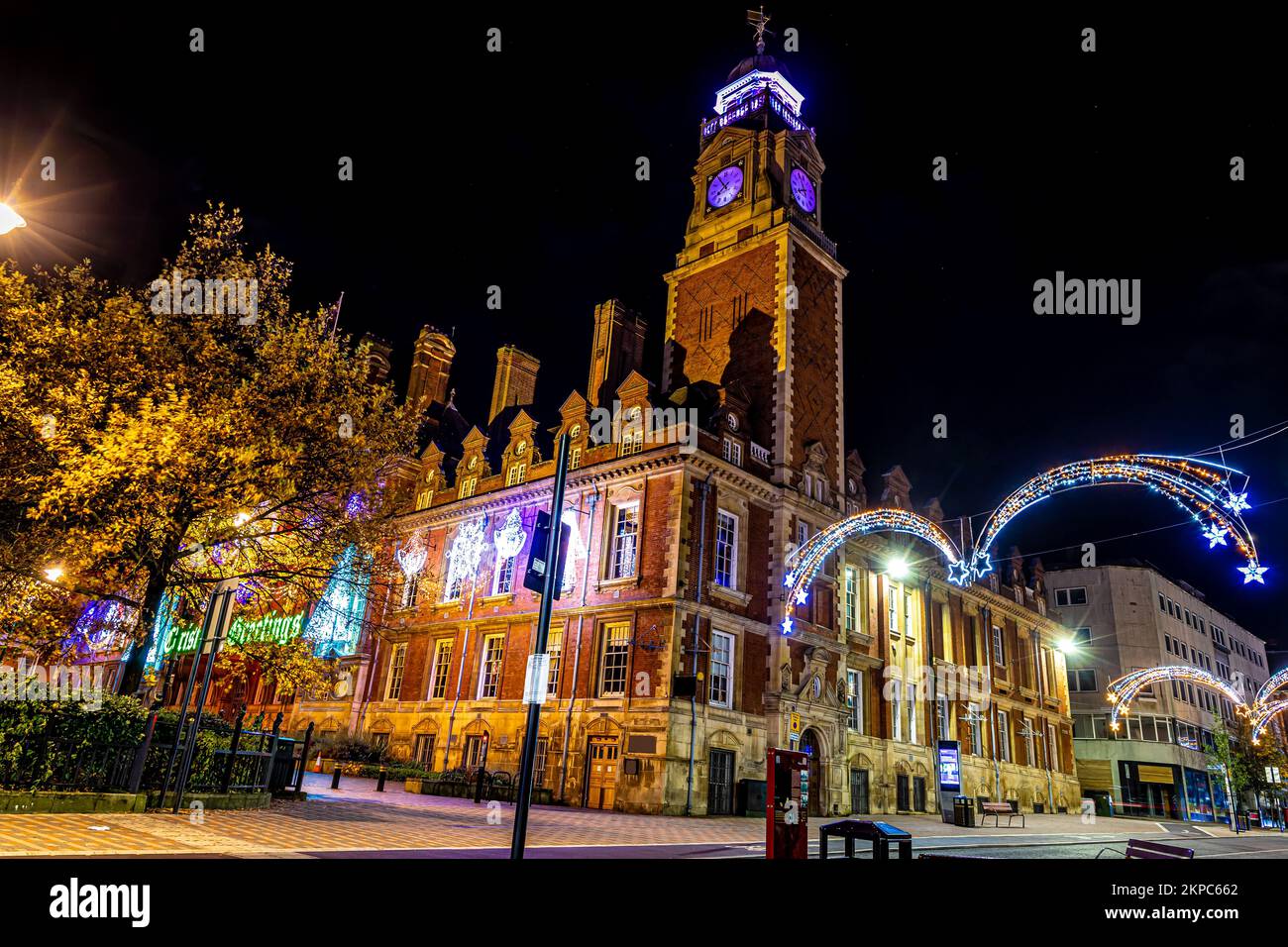 View of Leicester town hall square in the night decorated for Christmas ...