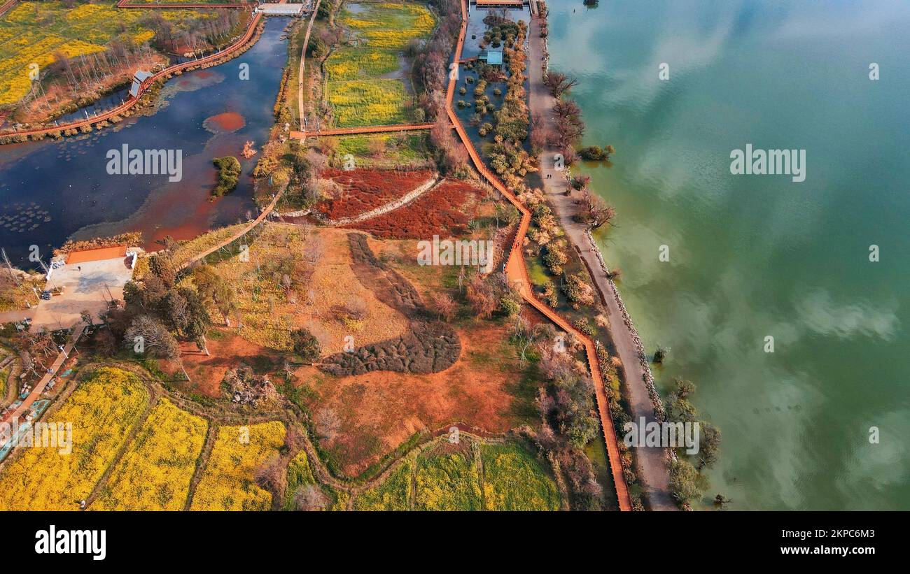 Aerial photos show the picturesque views of Wangguan Wetland Park along ...