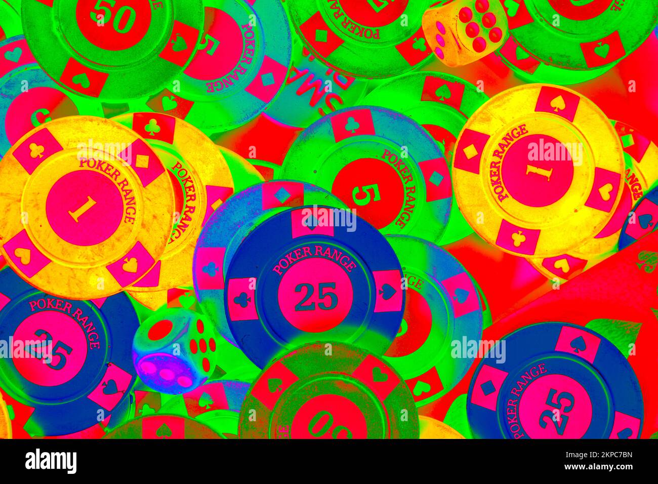 Creative colourful design on an abstract mix of playing cards, dice and ...