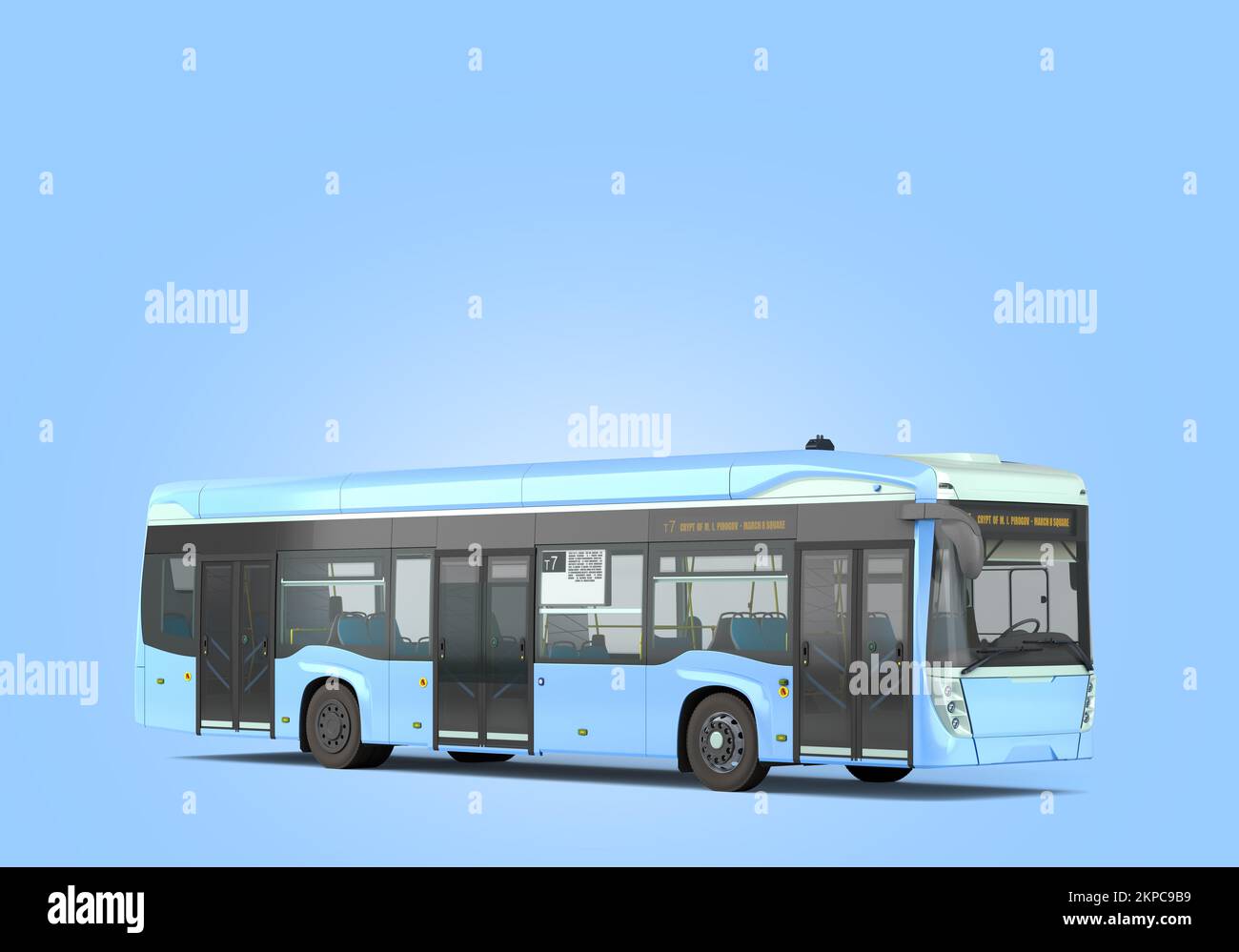 Empty blue city bus with open dors 3d render on blue gradient Stock ...