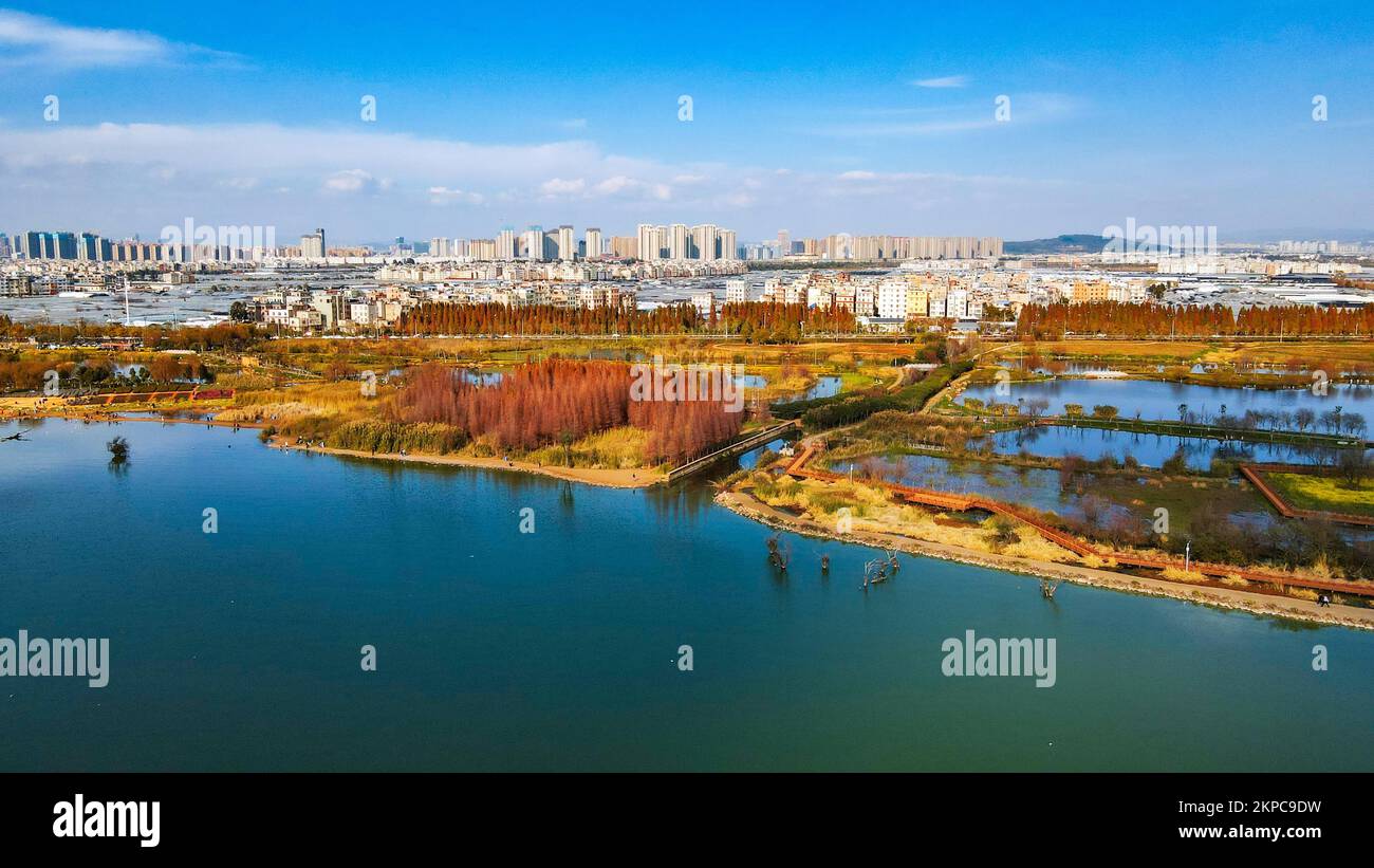 Aerial photos show the picturesque views of Wangguan Wetland Park along ...