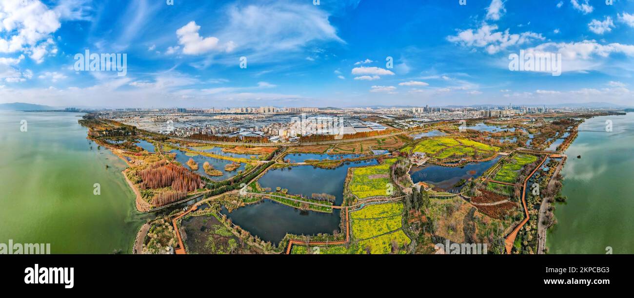 Aerial photos show the picturesque views of Wangguan Wetland Park along ...