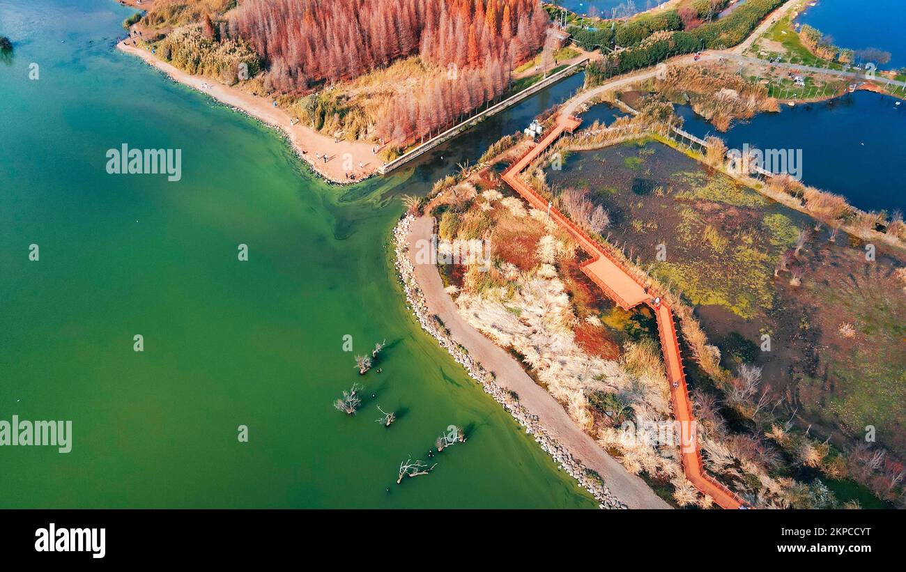 Aerial photos show the picturesque views of Wangguan Wetland Park along ...