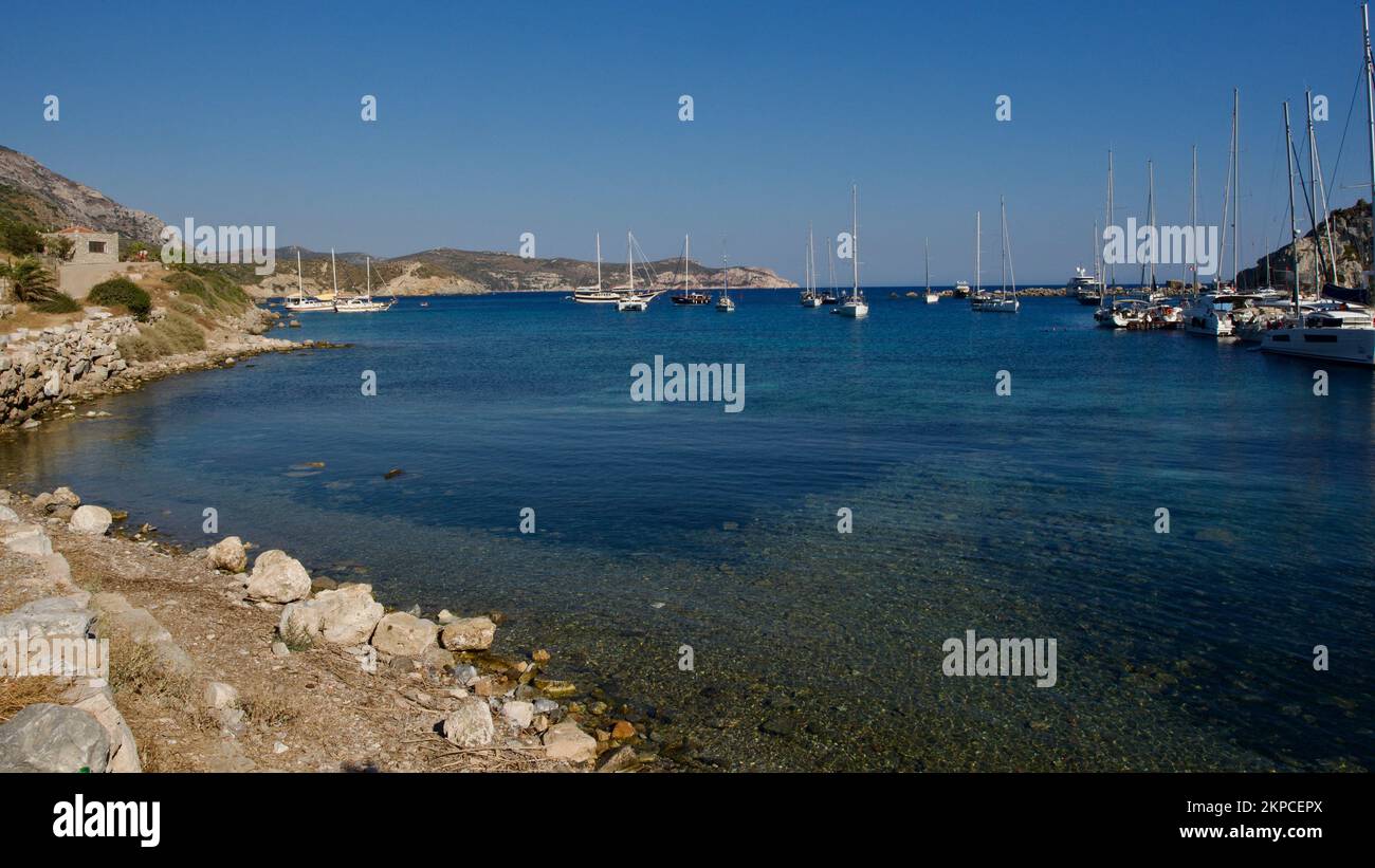 Southwestern tip of Turkey. Sunset from the ancient city of Datca Knidos. Yazikoy village harbor ...