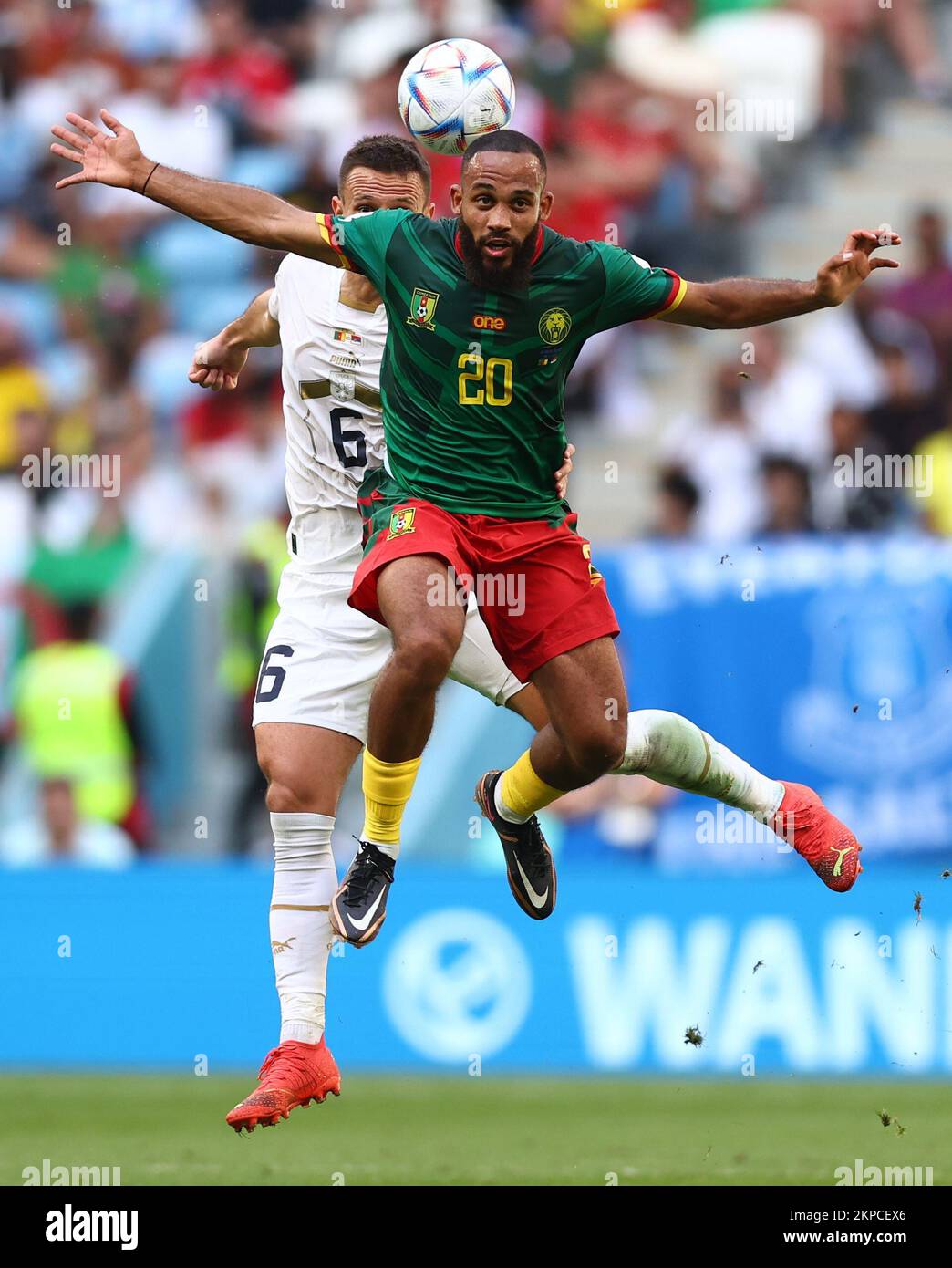 Al Wukair, Qatar. 28th Nov, 2022. Bryan Mbeumo of Cameroon challenged ...