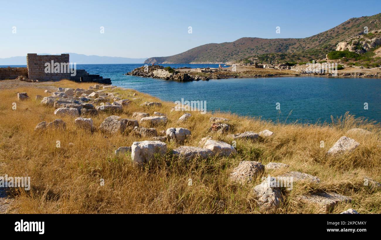 Southwestern tip of Turkey. Sunset from the ancient city of Datca Knidos. Yazikoy village harbor ...