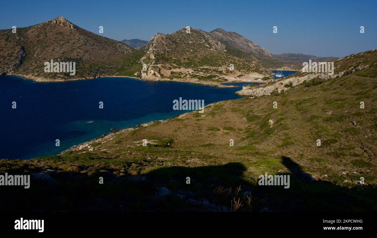 Southwestern tip of Turkey. Sunset from the ancient city of Datca Knidos. Yazikoy village harbor ...