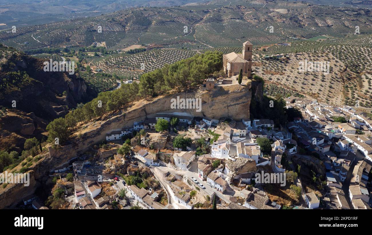 Aerial drone view of the white village Montefrio considered to be one ...