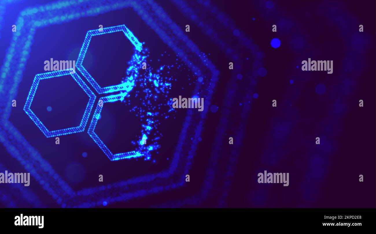 Glowing neon particles honeycomb shapes. Hexagonal nanotechnology abstract background. Abstract ...