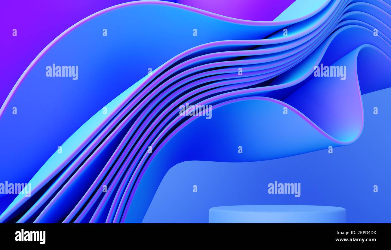 Neon, blue and pink podium background with abstract wavy cloth, folded ...