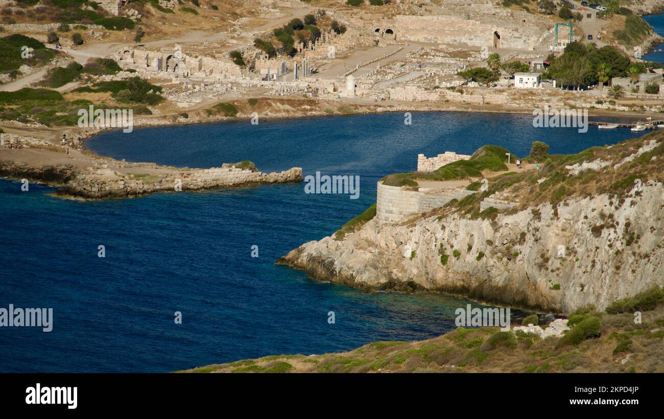 Southwestern tip of Turkey. Sunset from the ancient city of Datca Knidos. Yazikoy village harbor ...