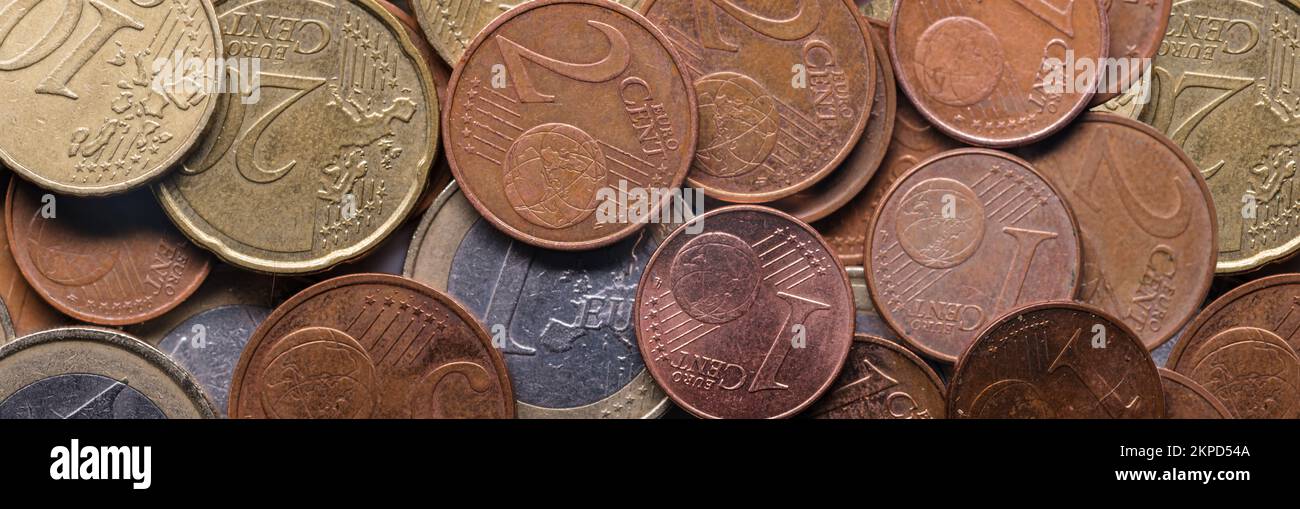 Panorama of various coins used in the European Union. euro cent coin ...