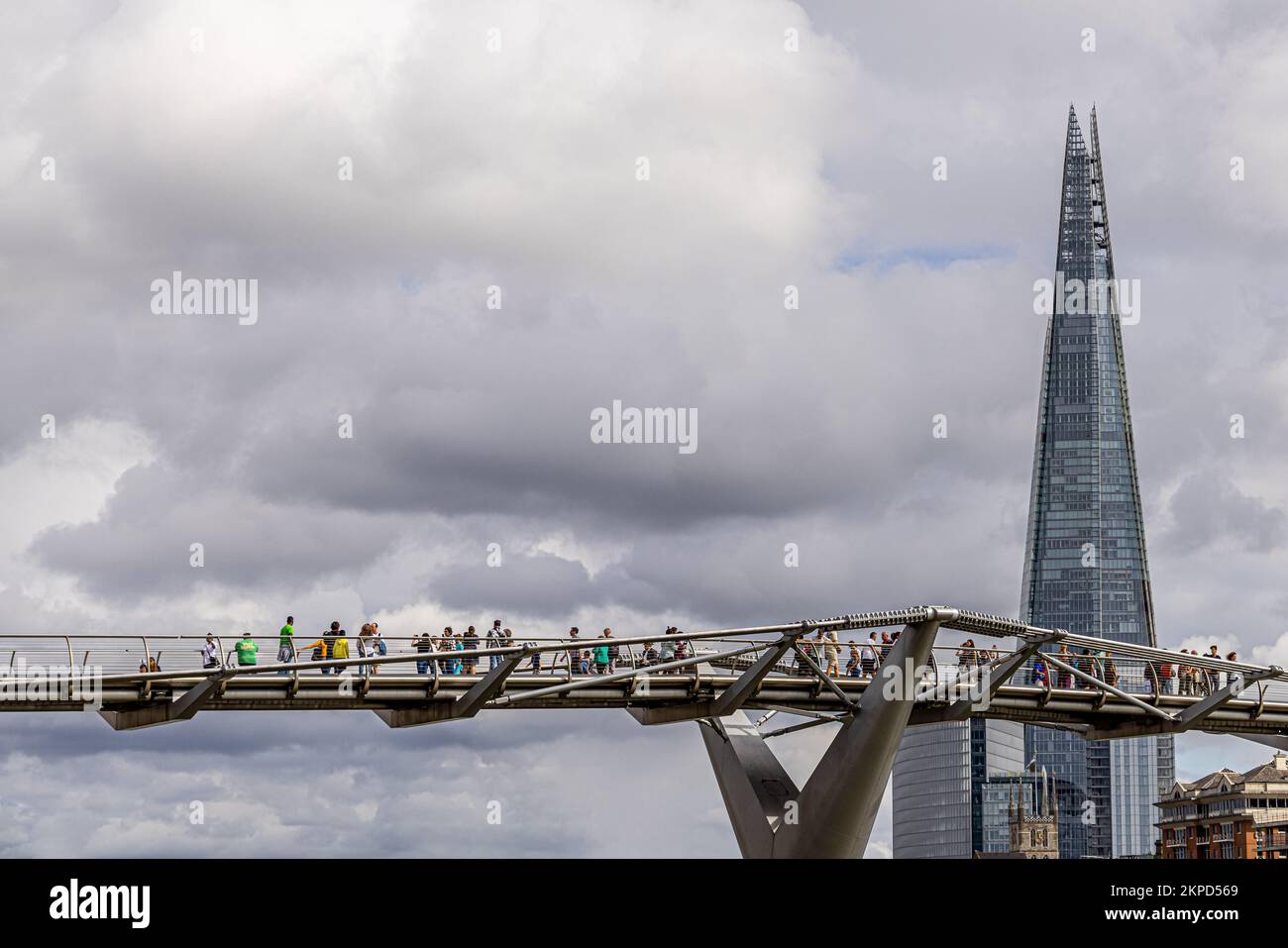 Millennium bridge with the shard in the background, South Bank London ...