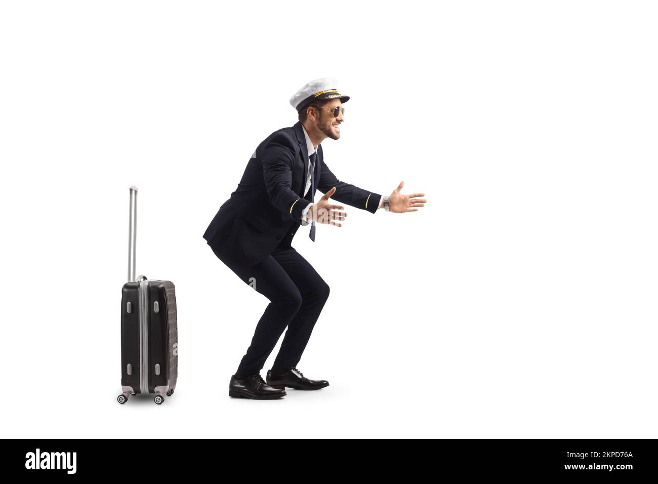 Full length profile shot of a pilot waiting to hug somebody isolated on ...